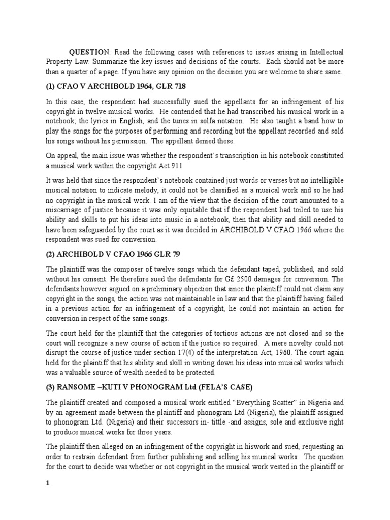 QUESTION: Read The Following Cases With References To Issues Arising in ...