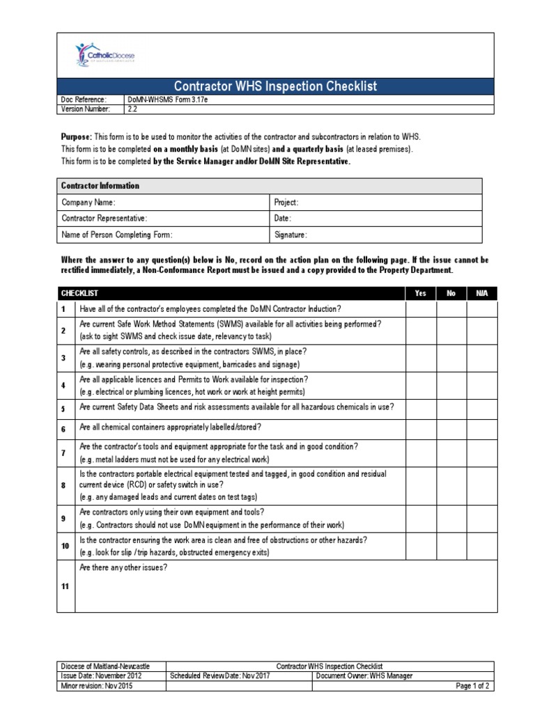 Contractor WHS Checklist Form | PDF | General Contractor | Safety
