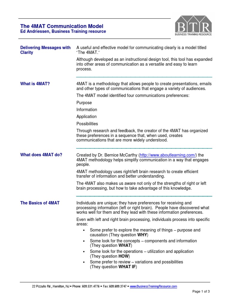 4MAT Communication Model | PDF | Instructional Design | Communication