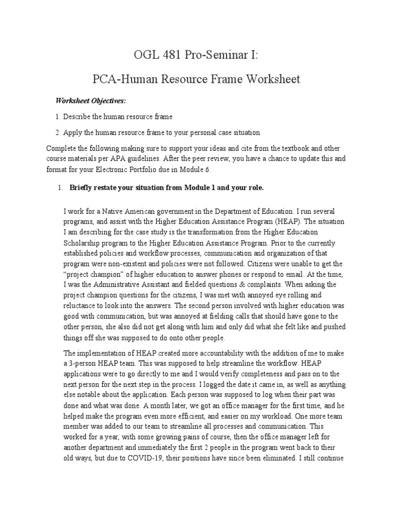 OGL 481 Pro-Seminar I: PCA-Human Resource Frame Worksheet | PDF | Human ...