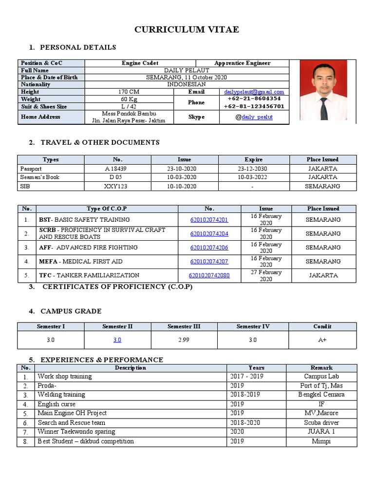 CV Daily Pelaut Engine Cadet | PDF | Business