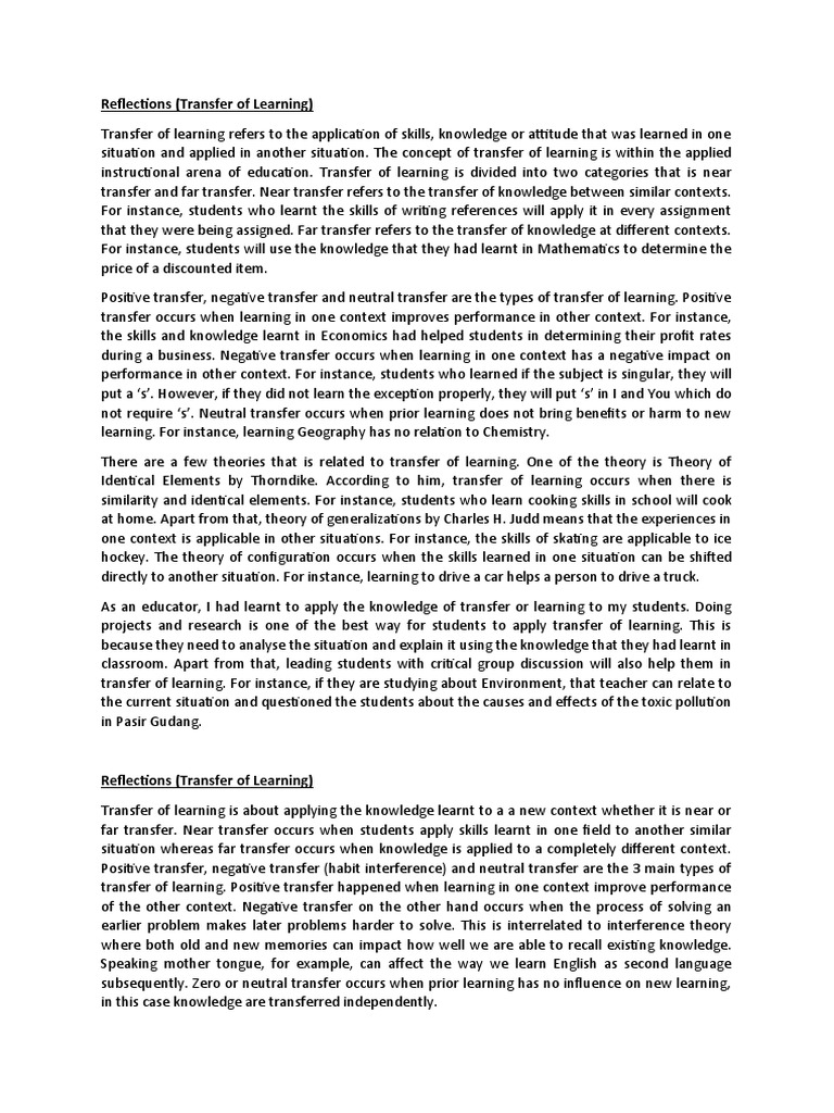 Applying Knowledge Learnt: Reflecting on the Concept of Transfer of ...