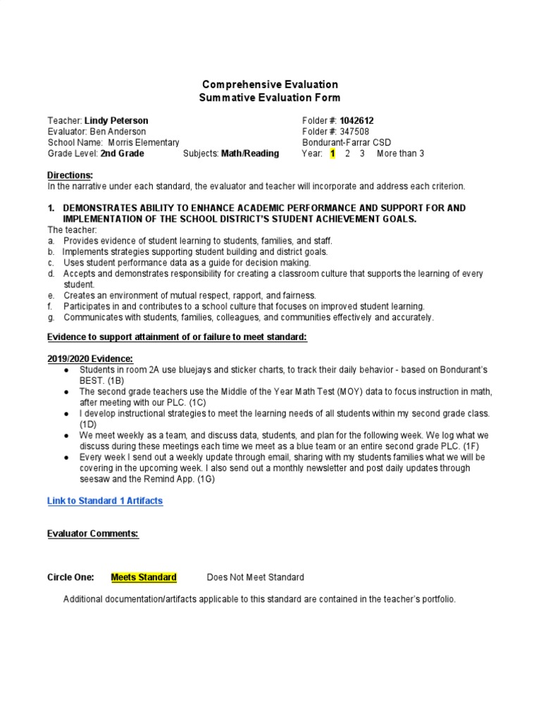 Comprehensive Evaluation Summative Evaluation Form: Link To Standard 1 ...