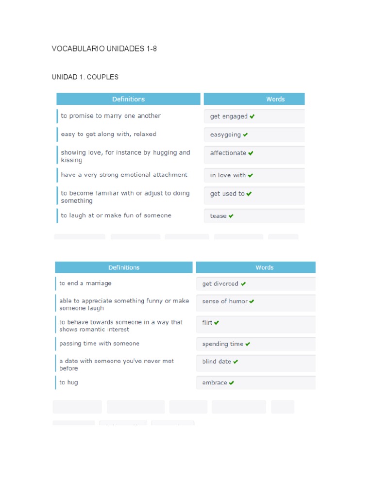 Vocabulario Unidades 1-8 | PDF