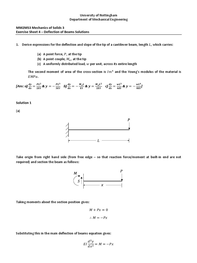 Deflection of Beams Exercise Sheet Solutions | PDF | Beam (Structure) | Physical Sciences