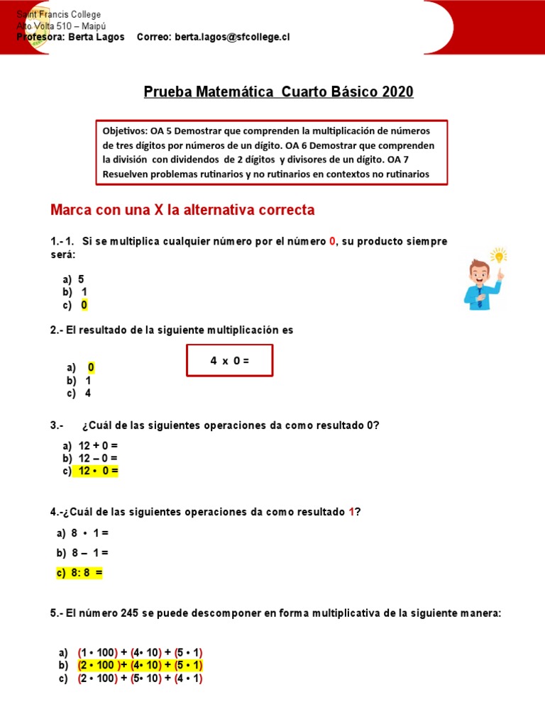 Prueba Matematica 4 Basico | PDF | División (Matemáticas) | Teoría de ...