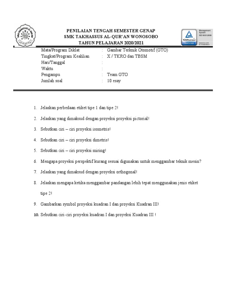 PTS GTO Kelas X TKRO Dan TBSM Genap 2021 | PDF