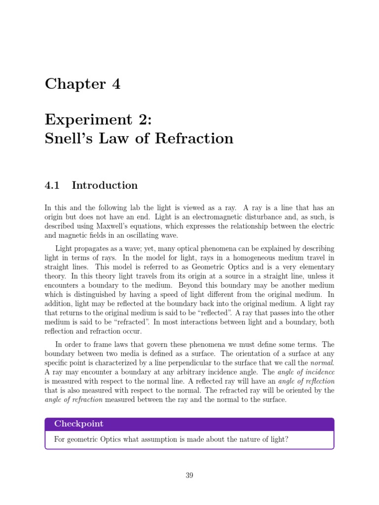 Experiment 2: Snell's Law of Refraction: Checkpoint | Download Free PDF ...