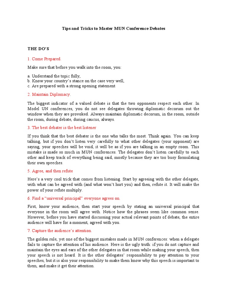 Tips and Tricks To Master MUN Conference Debates - Revisi | PDF