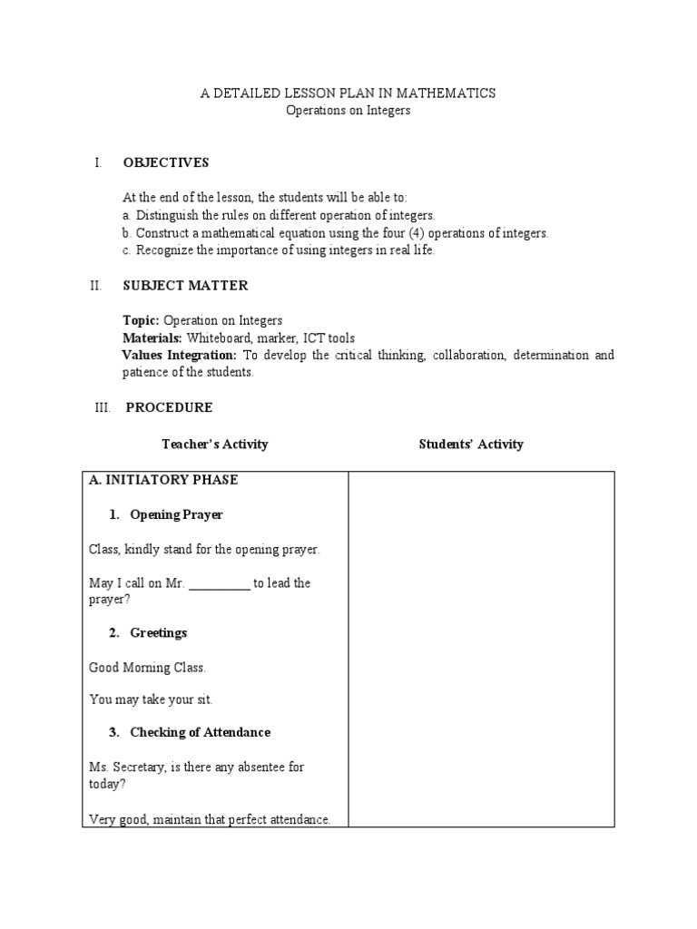 A Detailed Lesson Plan in Mathematics | PDF | Lesson Plan | Numbers