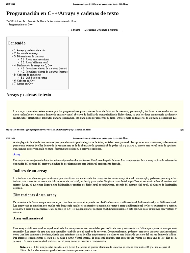 6.-Programación en C++ - Arrays y Cadenas de Texto - Wikilibros | PDF | Estructura de datos de ...