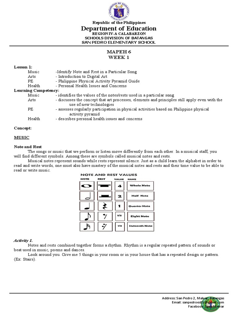 MAPEH Lesson on Notes, Rests and Digital Art | PDF | Ear | Physical Fitness