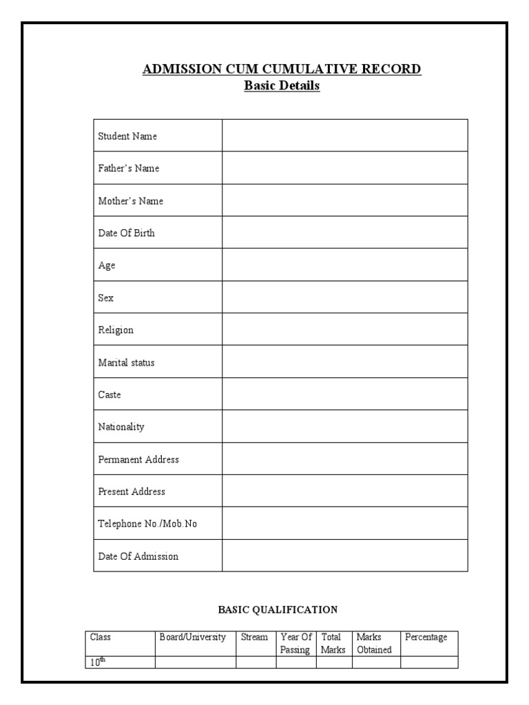 Admission Cum Cumulative Record Basic Details | PDF