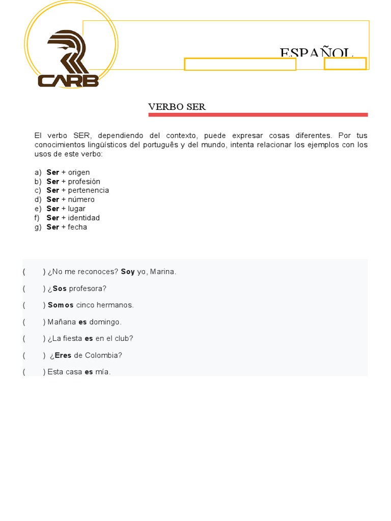 Verbo Ser Ejercicios | PDF