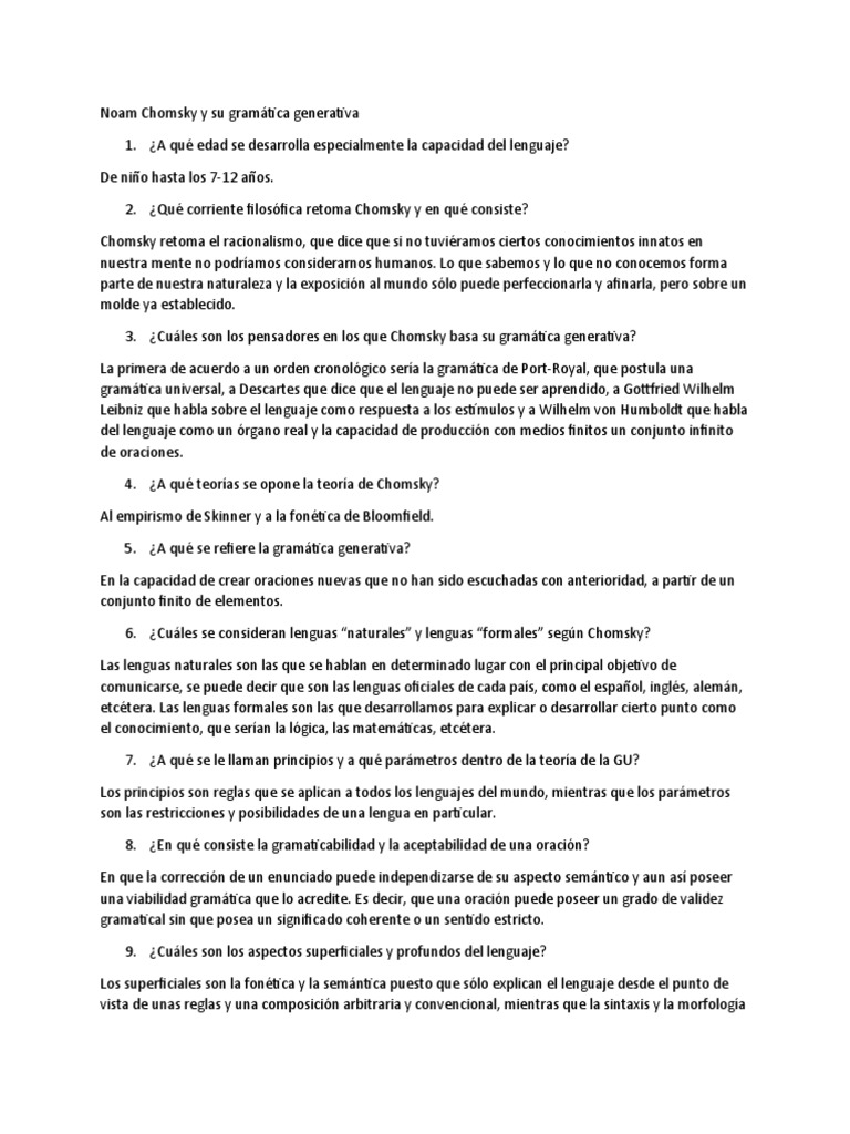 Preguntas Sobre Chosmky y Su Gramática Generativa | PDF | Noam Chomsky ...