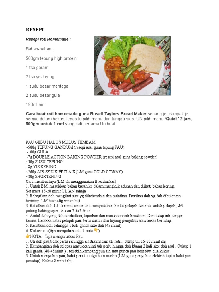 Resepi Pelbagai Roti Guna Breadmaker Russel Aylor | PDF
