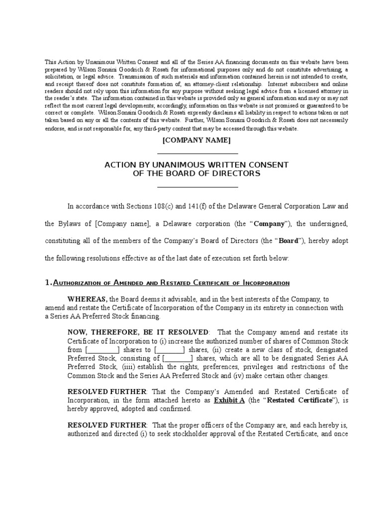 Series AA Board Consent | PDF | Preferred Stock | Stocks