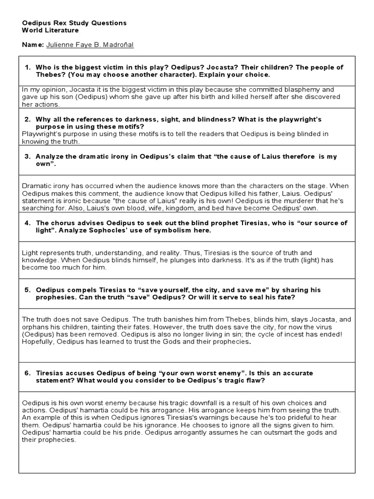 Oedipus Rex Study Questions | PDF | Theban Mythology