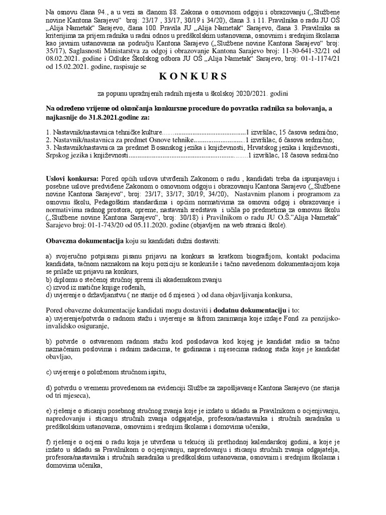 Tekst Konkursa - Ju Os Alija Nametak | PDF