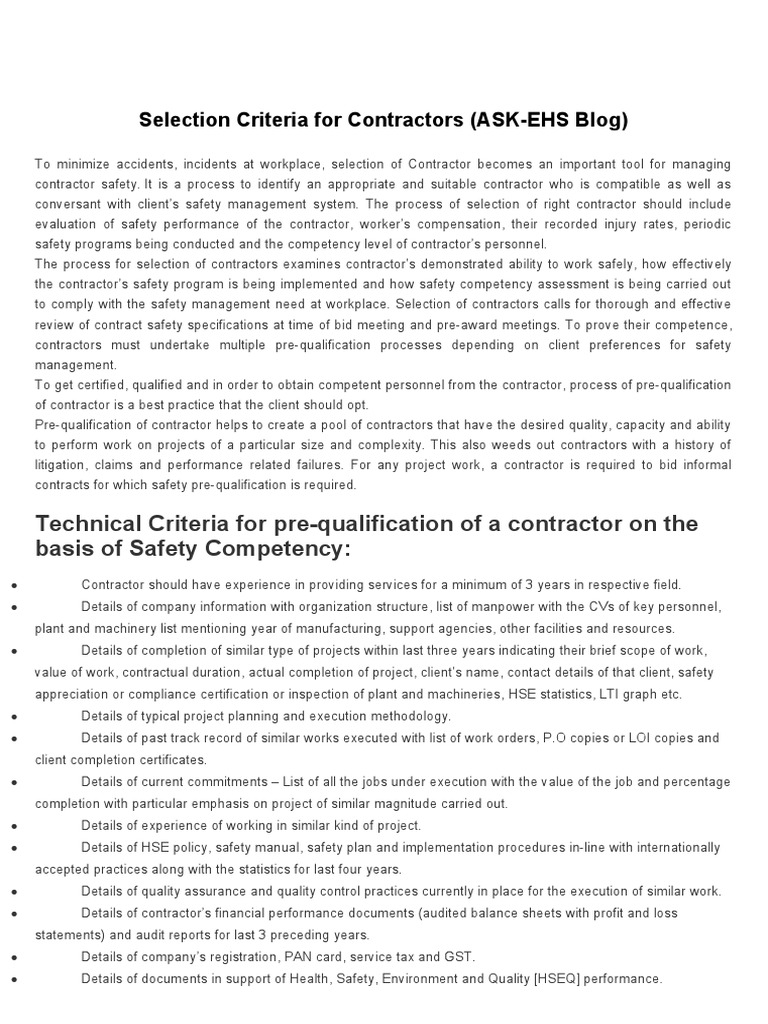 Contractor Selection Safety Criteria | PDF | Competence (Human ...