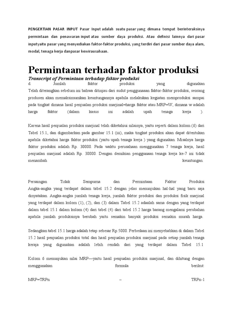 Pasar Input dan Faktor Produksi | PDF | Bisnis | Pengelolaan Keuangan ...