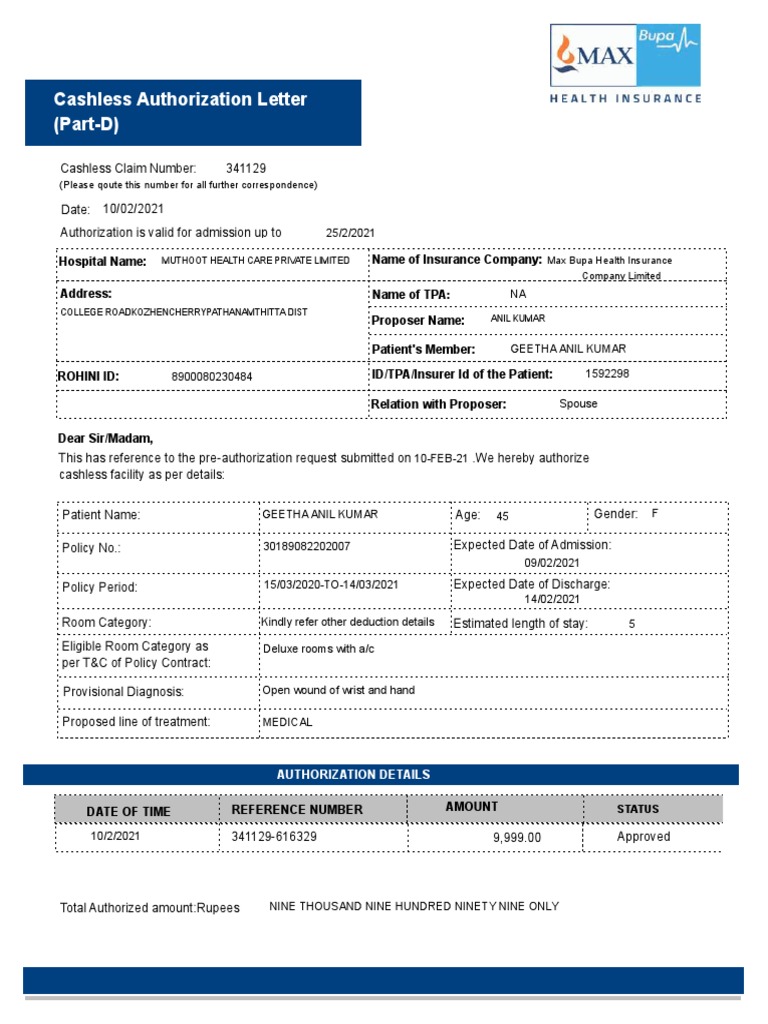 Cashless Authorization Letter (Part-D) | PDF | Patient | Insurance