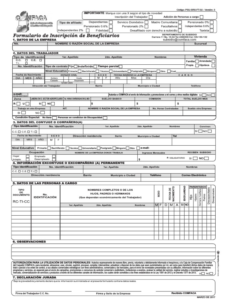 Comfaca Formulario Afiliacion Beneficiarios CDR 2018 | PDF | Labor ...
