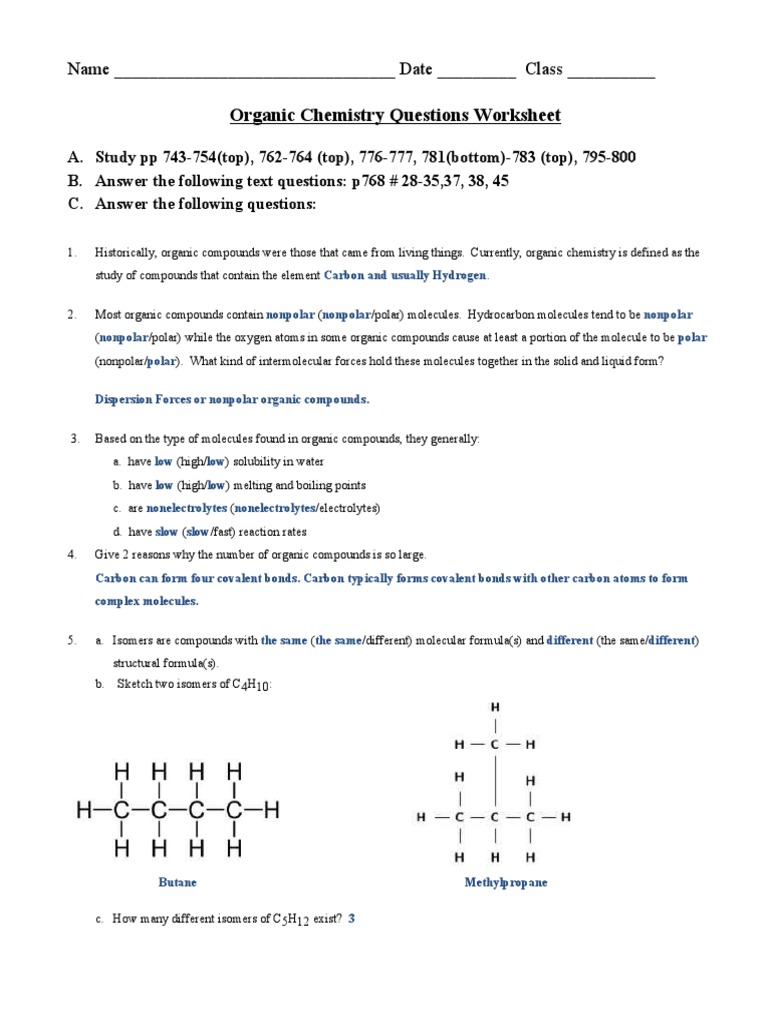 Organic Chemistry Questions Worksheet | PDF | Chemical Polarity ...