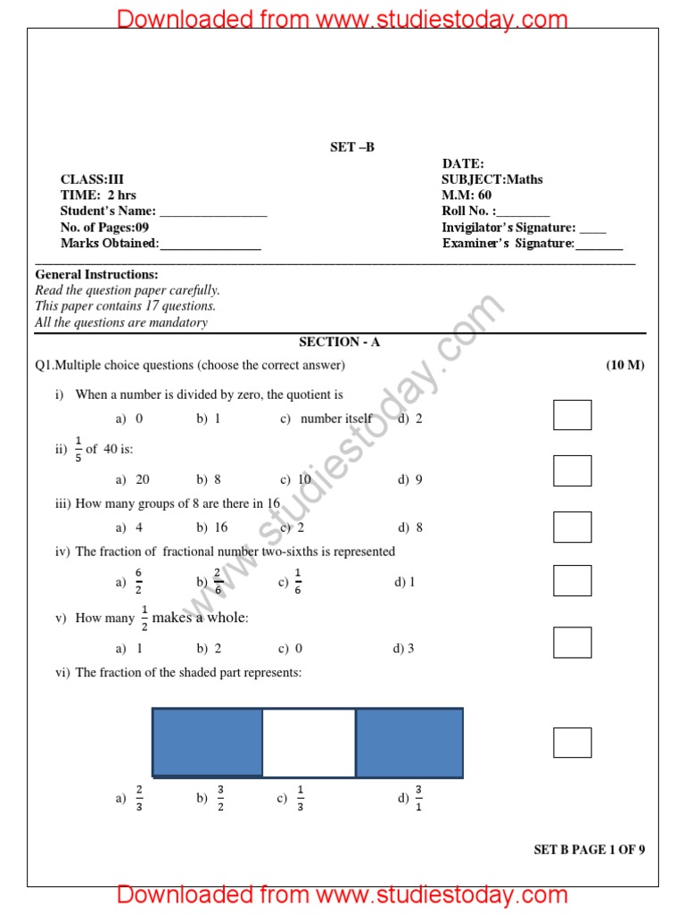 CBSE Class 3 Maths Question Paper Set D | PDF | Teaching Mathematics