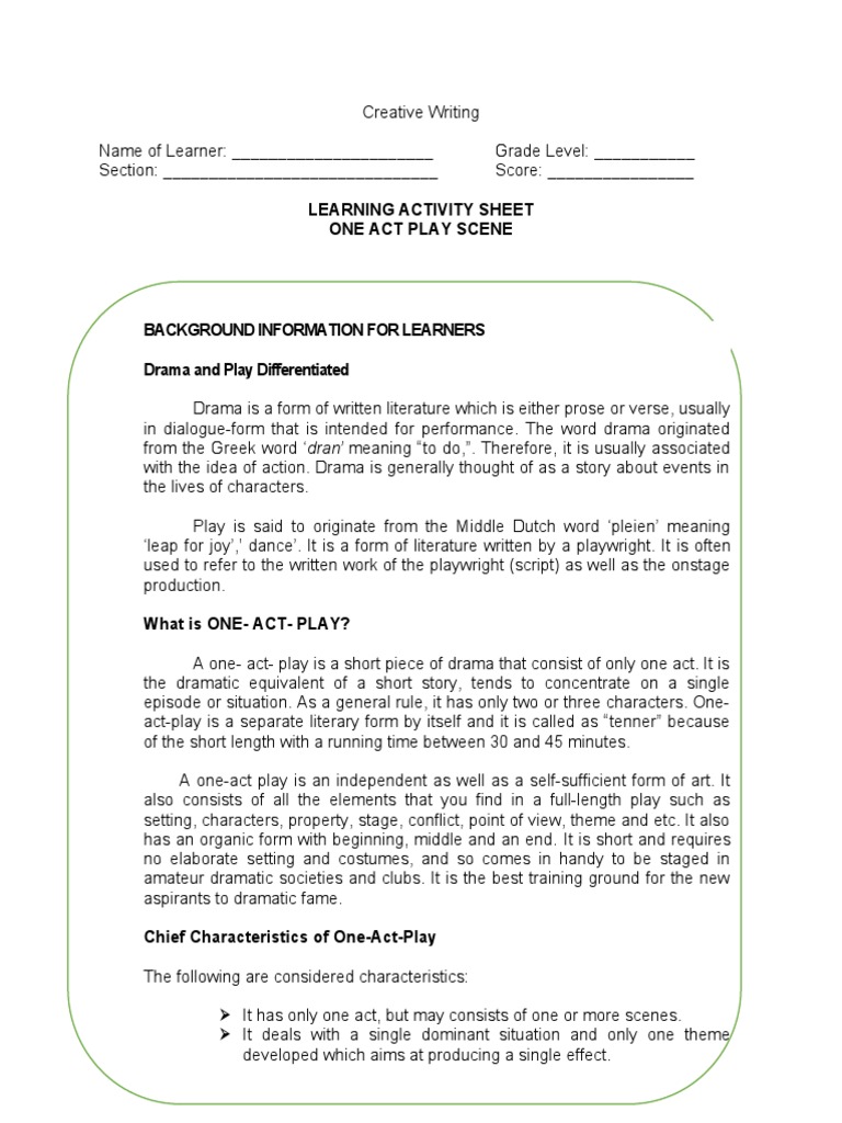 Learning Activity Sheet One Act Play Scene | PDF | Play (Theatre ...