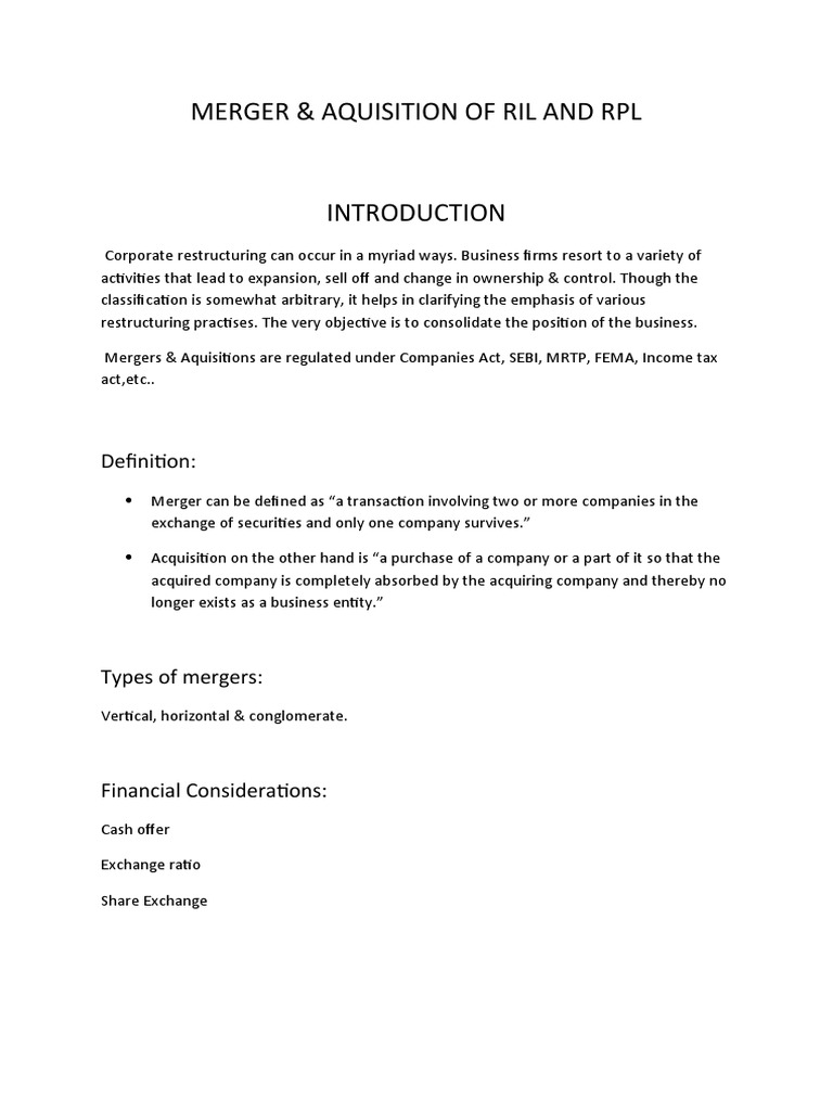 Merger & Aquisition of Ril and RPL: Definition | PDF | Mergers And Acquisitions | Economies