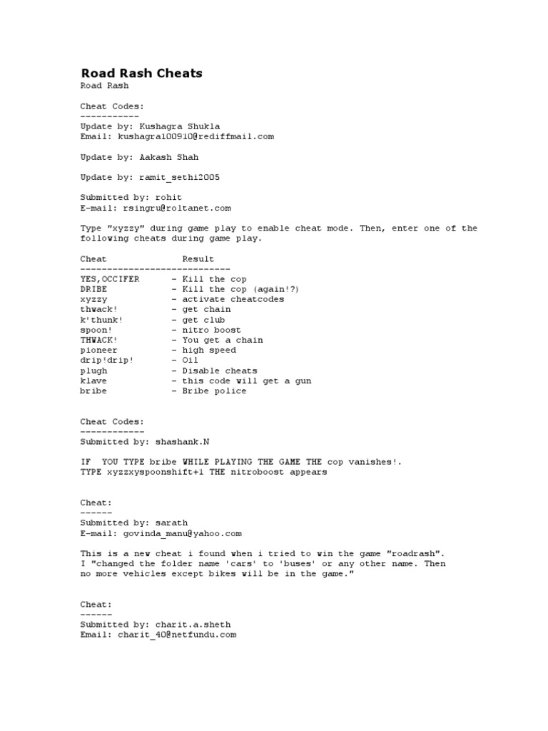 Road Rash Cheats | PDF | Motorcycle | Sports