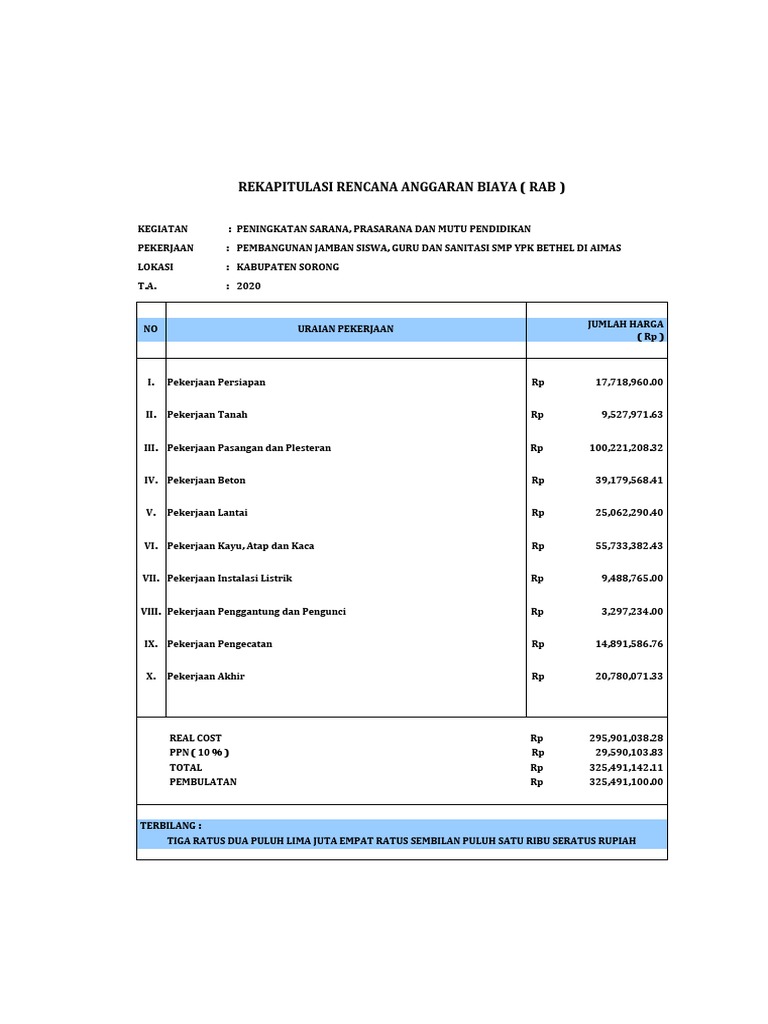 RAB Pembangunan Jamban SMP YPK Bethel | PDF
