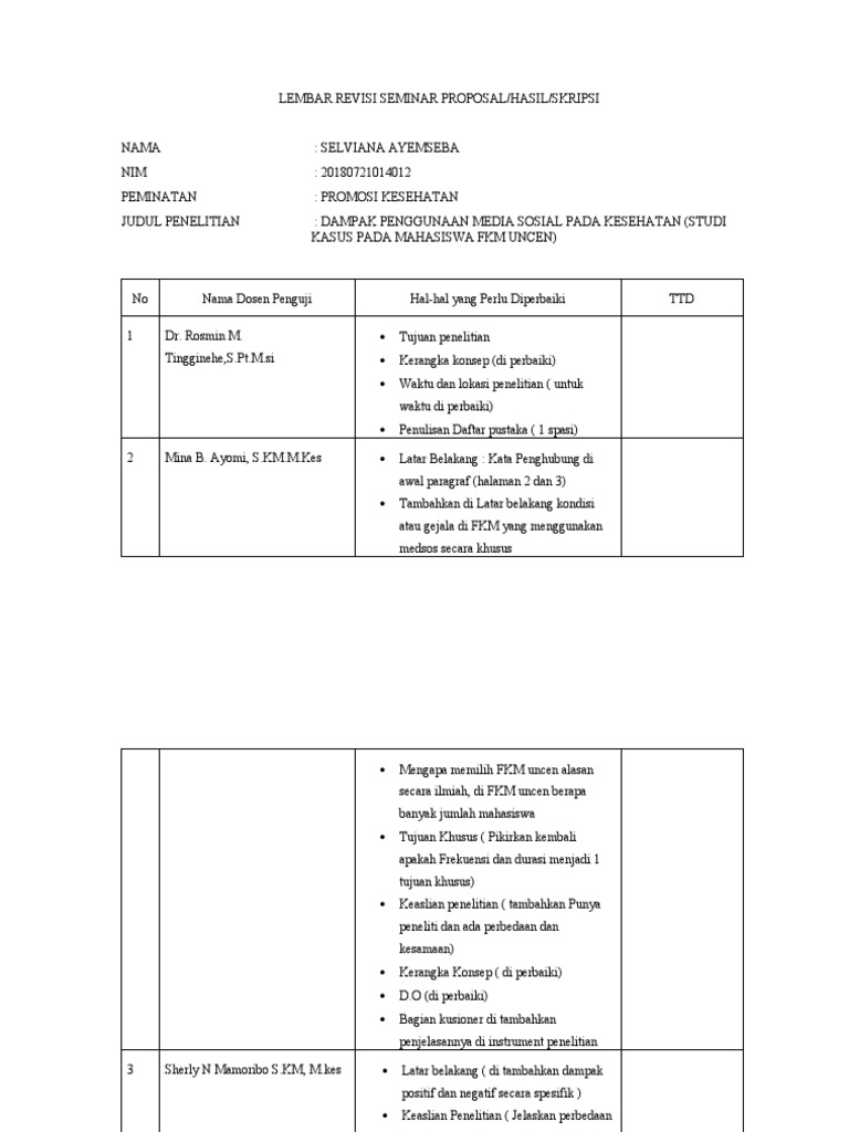 Lembar Revisi Seminar Proposal | PDF