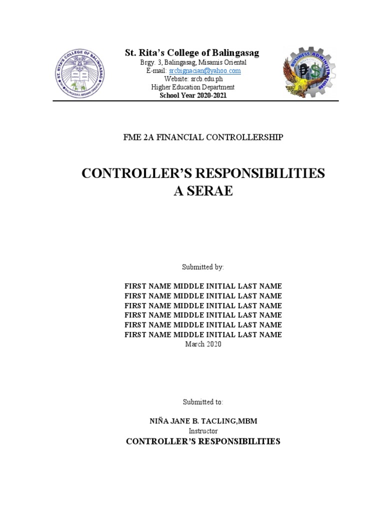 Controller'S Responsibilities A Serae: St. Rita's College of Balingasag ...