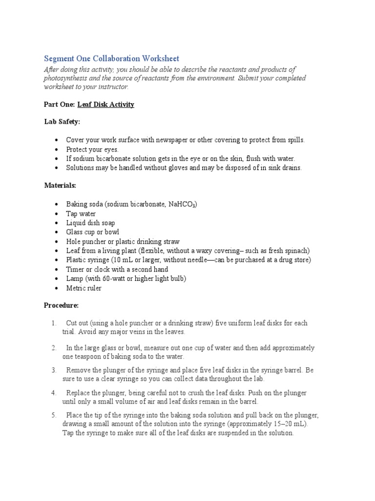 Segment One Collaboration Worksheet: Part One: Leaf Disk Activity Lab ...
