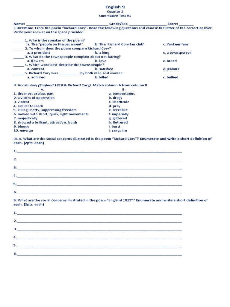 English 9: Name: - Grade/Sec. - Score | PDF