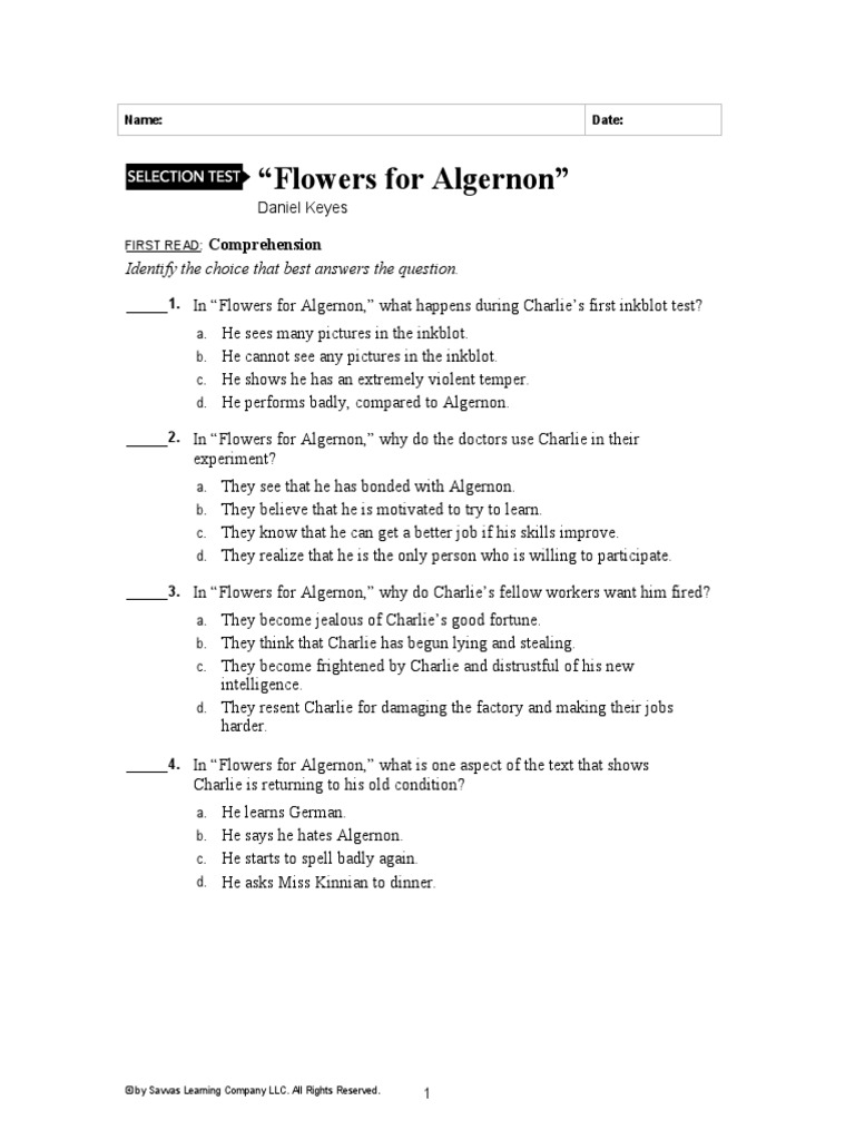 "Flowers For Algernon": Identify The Choice That Best Answers The ...