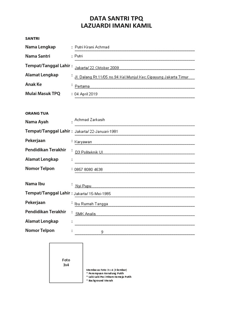 Data Santri TPQ Lazuardi Imani Kamil (Putri Kirani A) | PDF