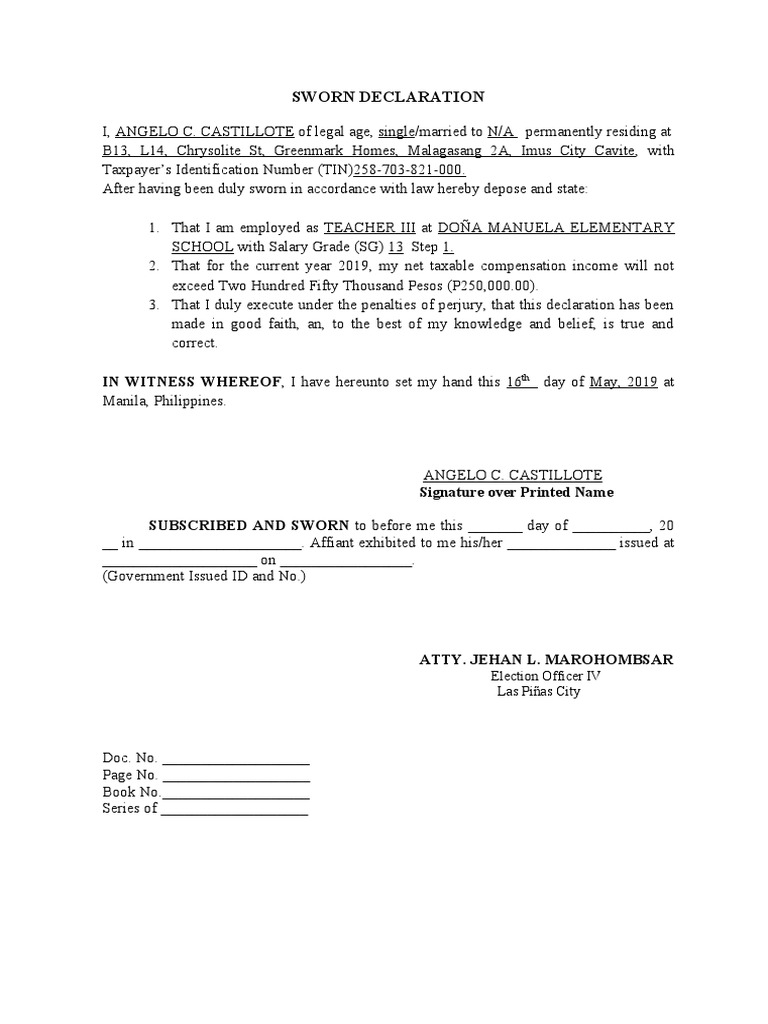 Sworn Declaration: IN WITNESS WHEREOF, I Have Hereunto Set My Hand This ...