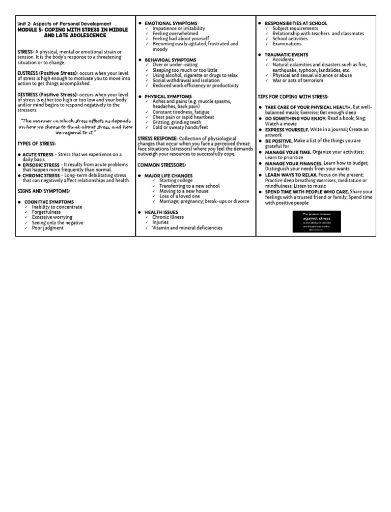 PERDEV Handout - M5 (Coping With Stress) - Modified | PDF | Stress (Biology) | Clinical Medicine
