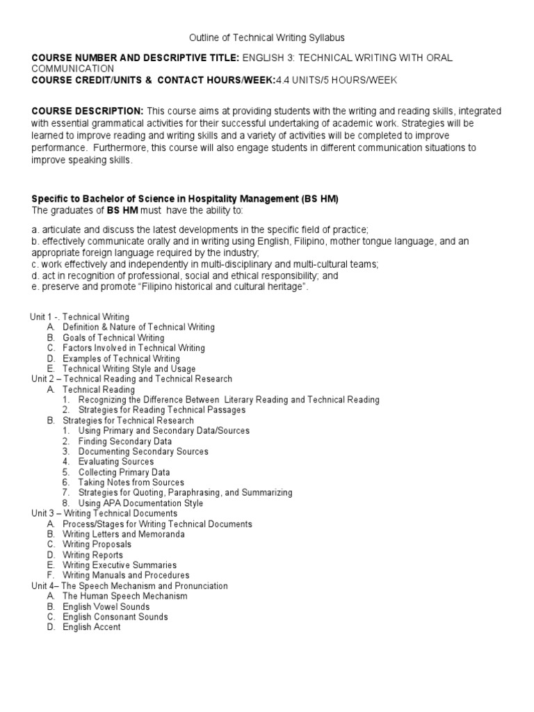 Outline of Technical Writing Syllabus | PDF | Data | Human Nature