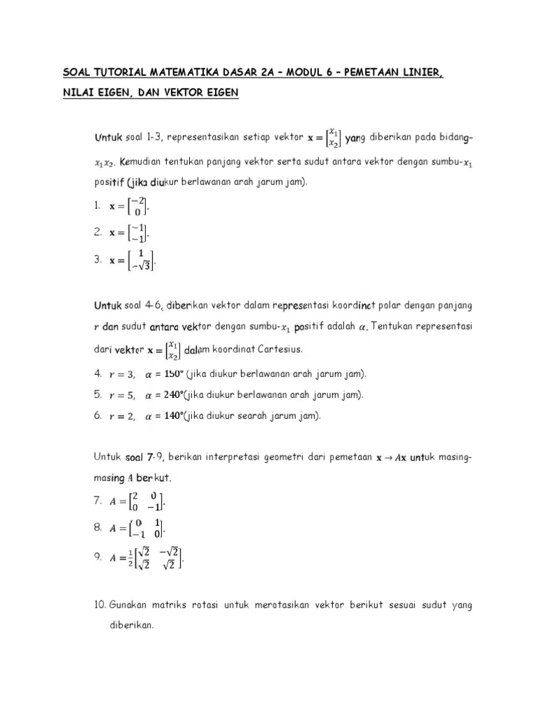 MATDAS 2A - TUTORIAL MODUL 6 - Pemetaan Linier, Nilai Eigen, Dan Vektor Eigen | PDF