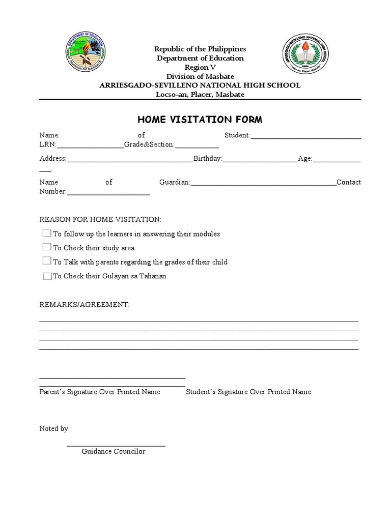 Home Visitation Form: Arriesgado-Sevilleno National High School | PDF