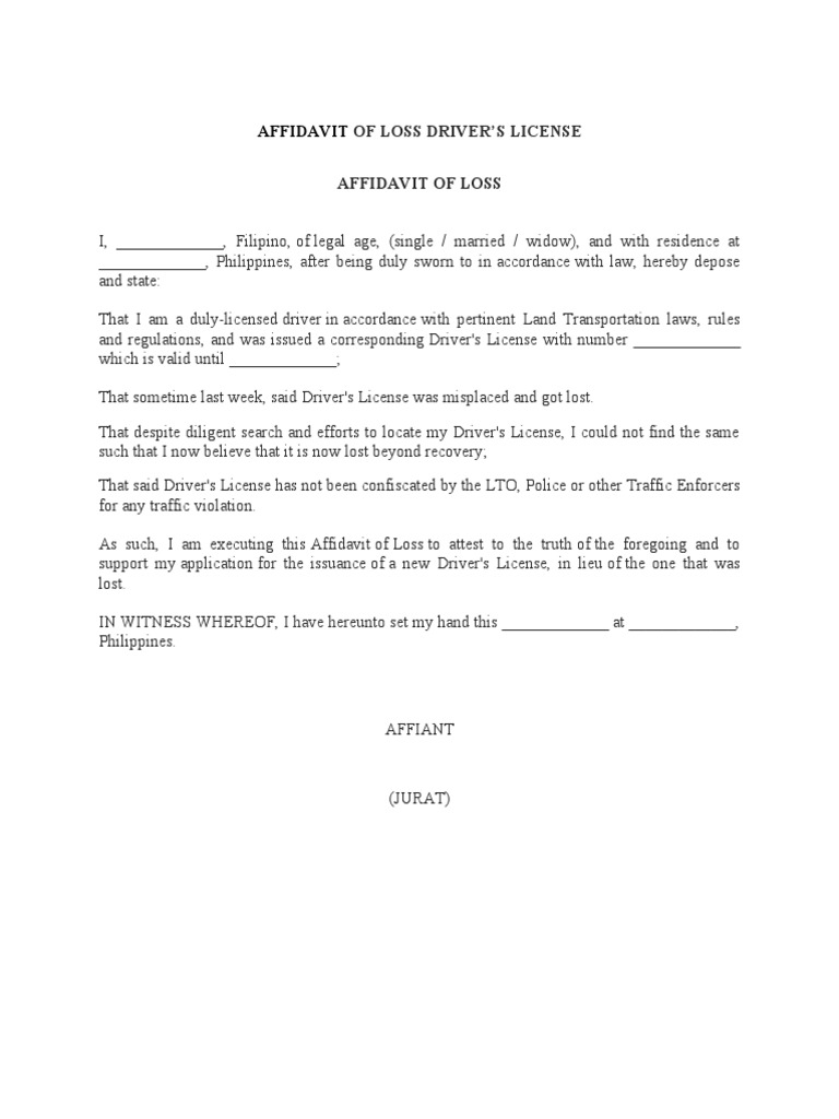 Affidavit of Loss Driver's License | PDF