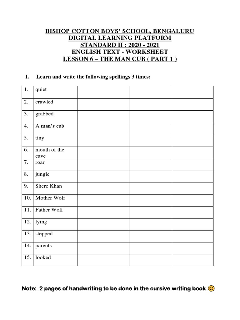The Man Cub: Class 2 English Worksheet | PDF | Foreign Language Studies ...