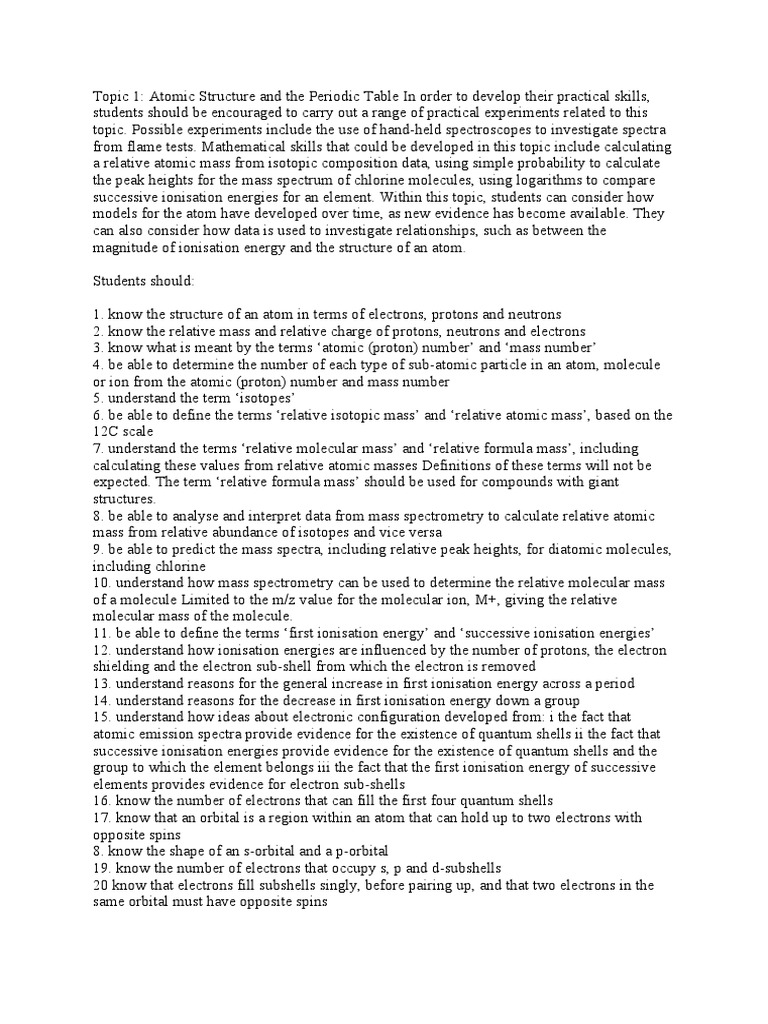 Topic 1 Atomic Structure And The Periodic Table Pdf Atomic Orbital Atoms