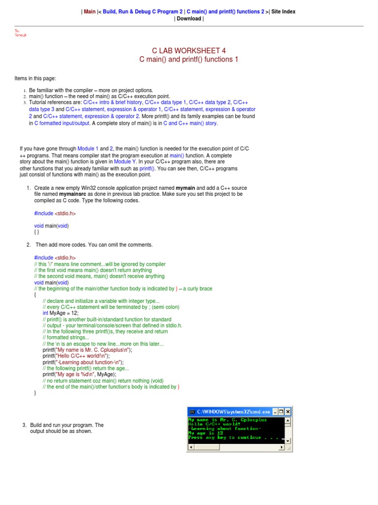 C Lab Worksheet 4 C Main And Printf Functions 1 Download Free Pdf