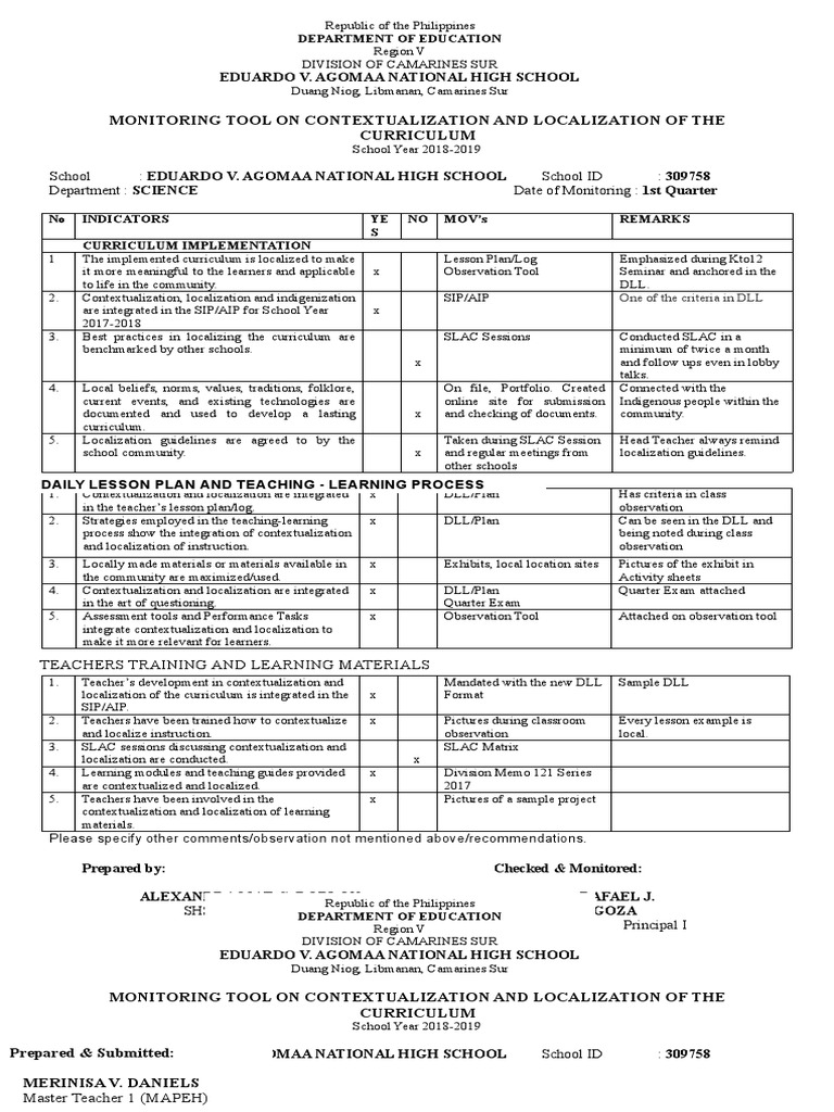 Monitoring Tool Report On Contextualization of Curriculum | PDF | Curriculum | Lesson Plan
