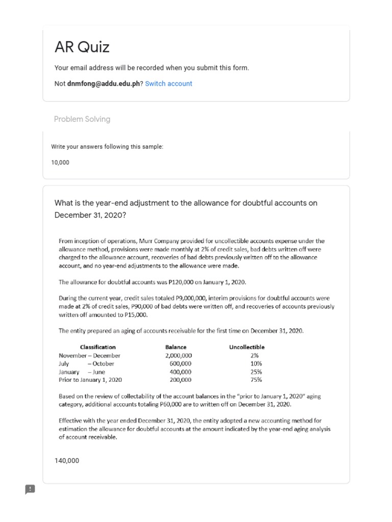 AR Quiz Page 2 | Download Free PDF | Debits And Credits | Bad Debt